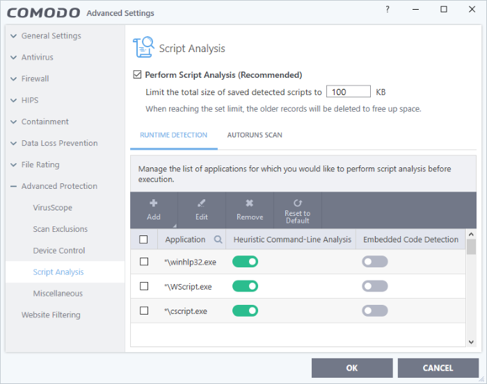 Xcitium Enterprise | Comodo Client Security - Script Analysis Settings | Comodo
